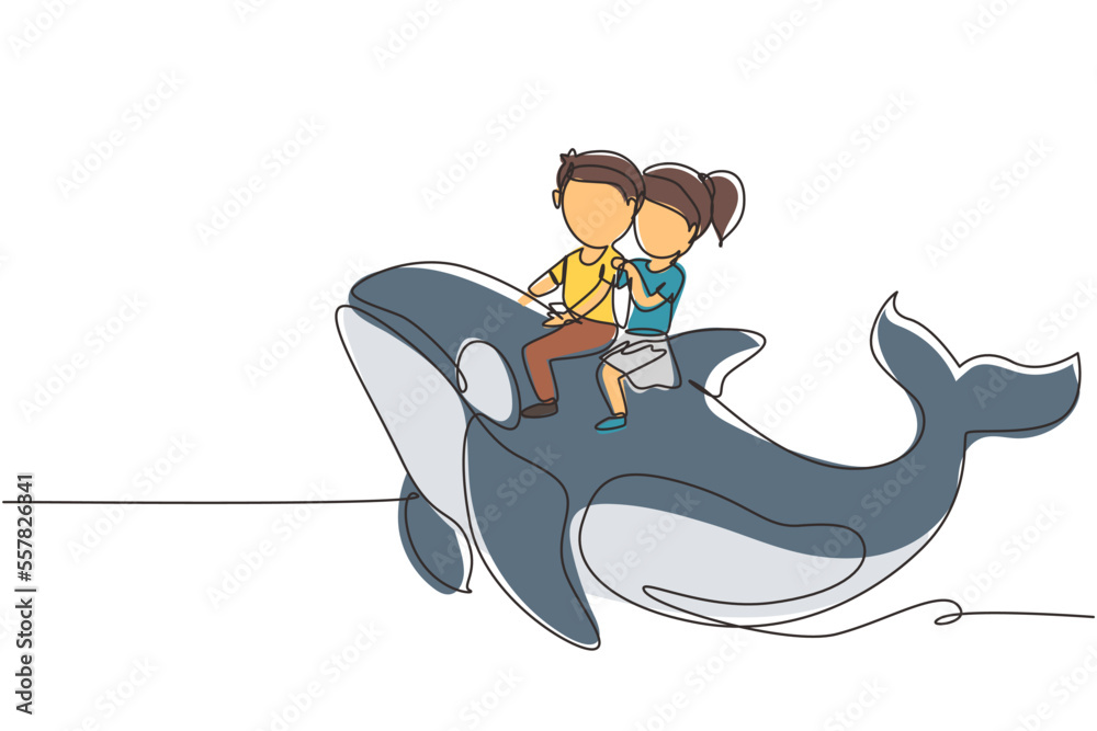 Single continuous line drawing little boy and girl riding orca together ...