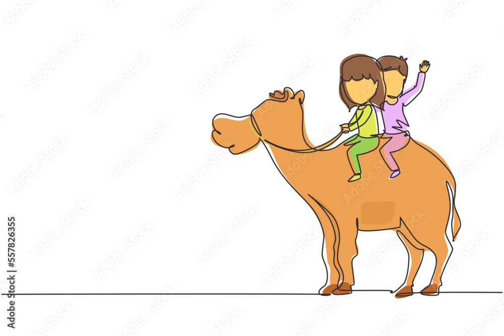 Single one line drawing happy little boy and girl riding camel together ...