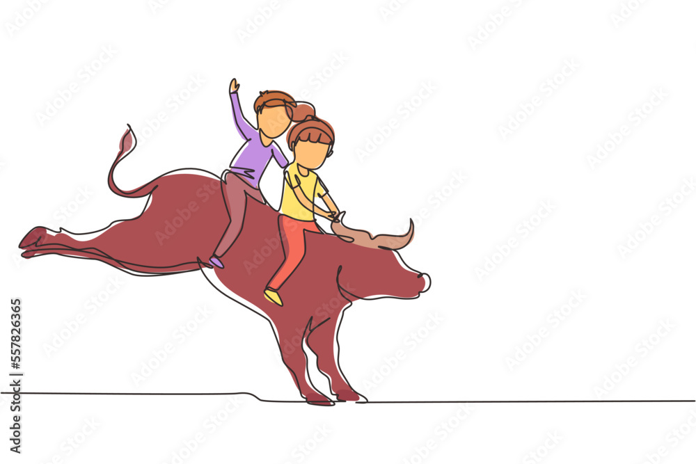 Single one line drawing happy cute kid boy and girl riding cute bull ...