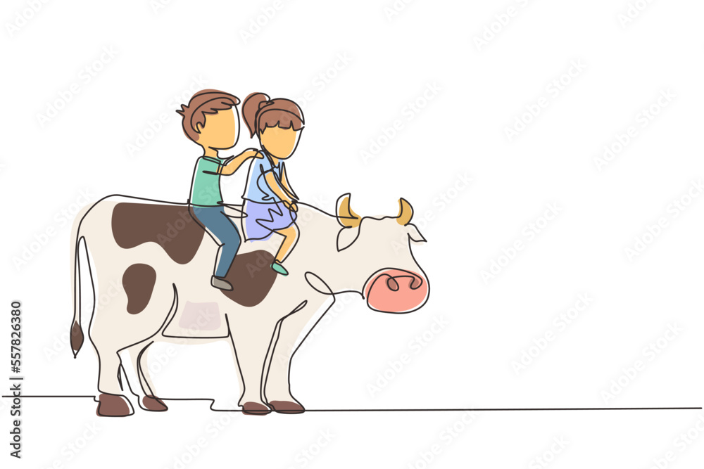 Single one line drawing happy little boy and girl riding cow together ...