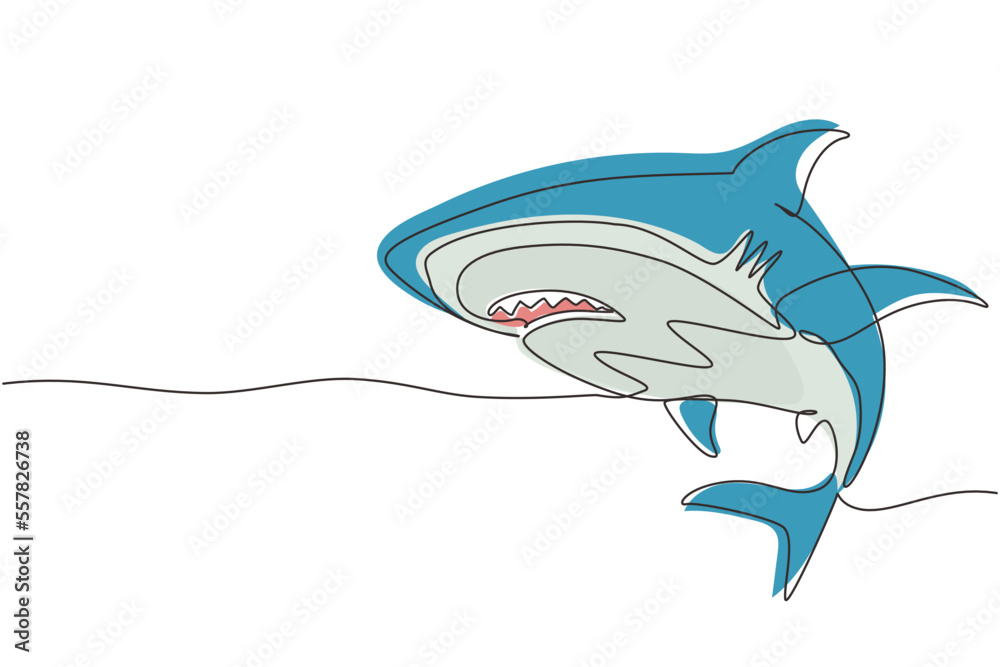 Single one line drawing sharks fish. Shark animals, scary jaws and ...