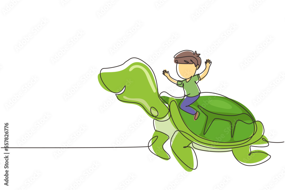 Single continuous line drawing little boy riding sea turtle. Child ...