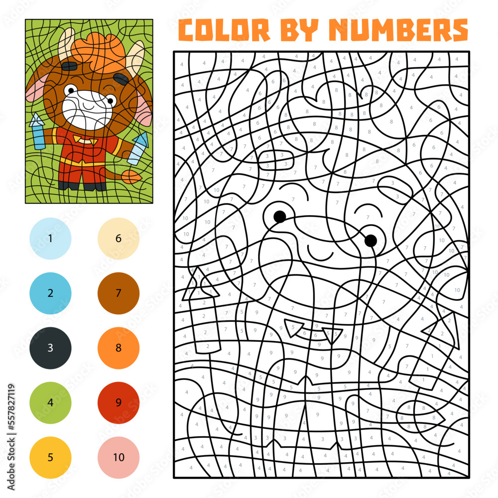Color by number, education game for kids, Ox and fireworks Stock Vector ...