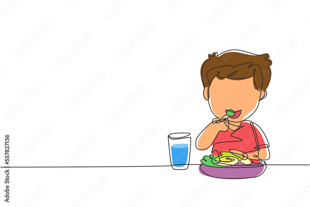 Single one line drawing boy eating healthy morning breakfast food ...