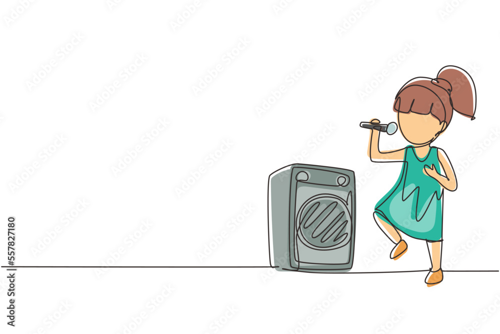 Continuous one line drawing happy cute little kid girl sing a song ...