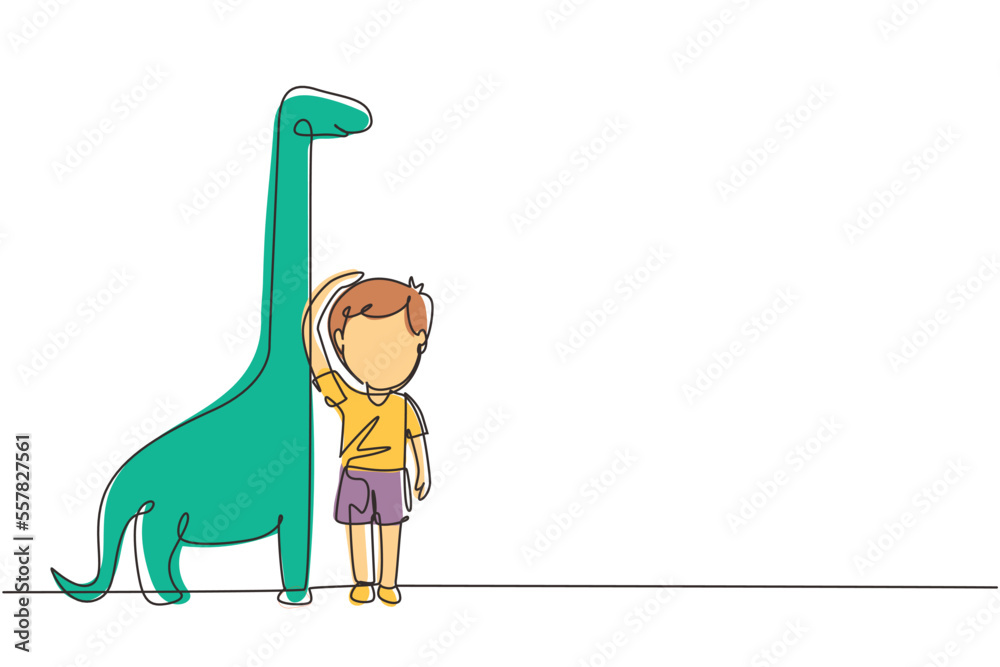 Single continuous line drawing little boy measuring his height with ...