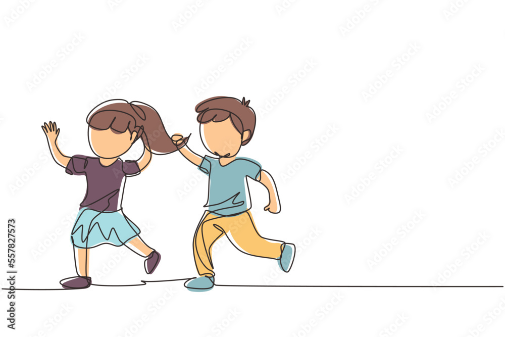 Single continuous line drawing bullying children. Angry boy pulling ...