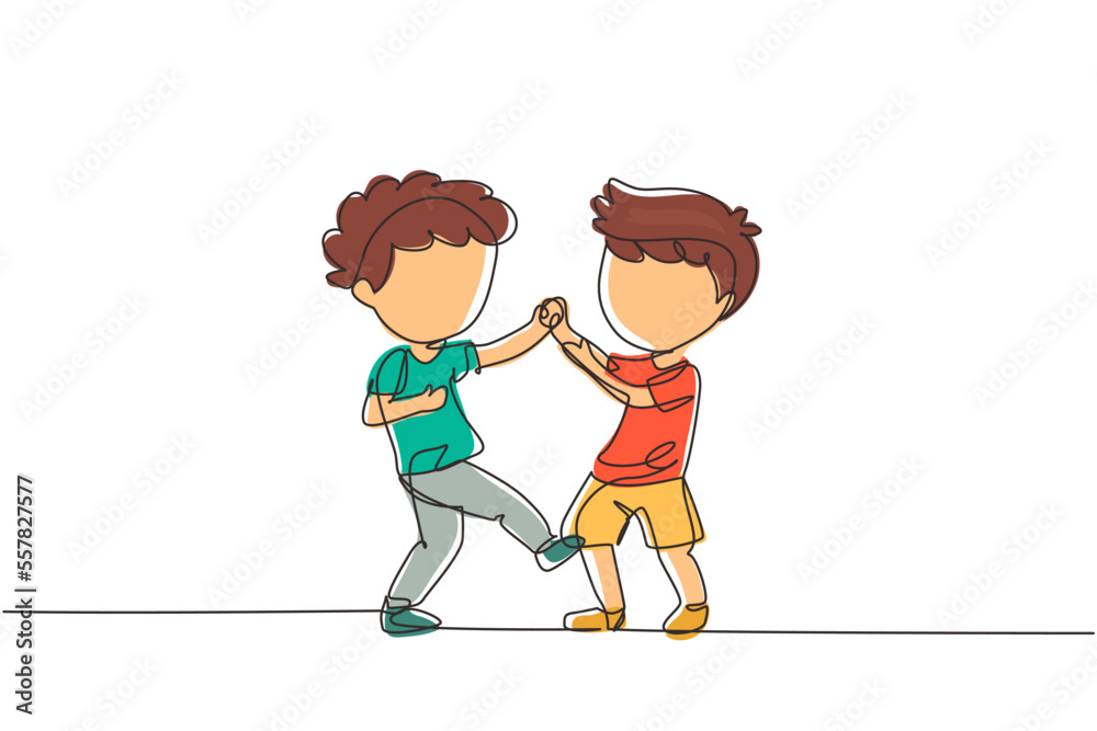 Single one line drawing angry preschool boys kids fighting each other ...