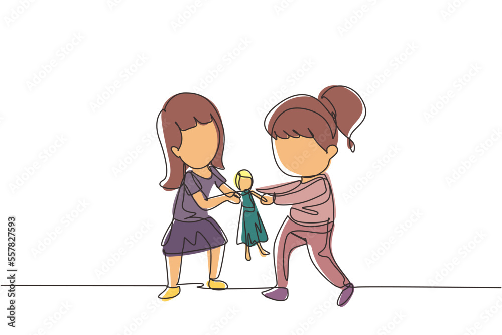 Single one line drawing two little girls fighting over a princess doll ...