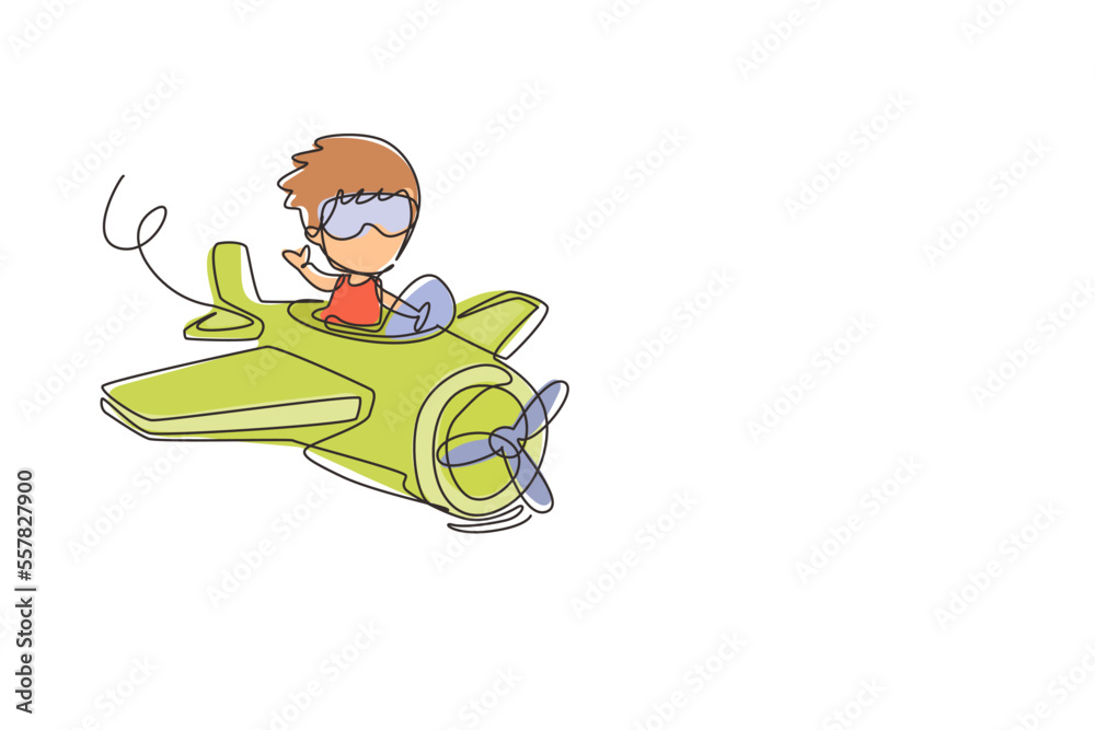 Continuous one line drawing little boy operating plane. Kids flying in ...