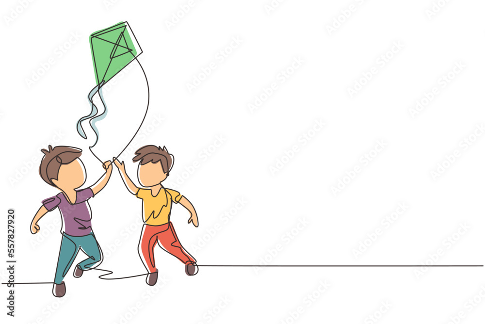 Continuous one line drawing two boy playing to fly kite up into the sky ...
