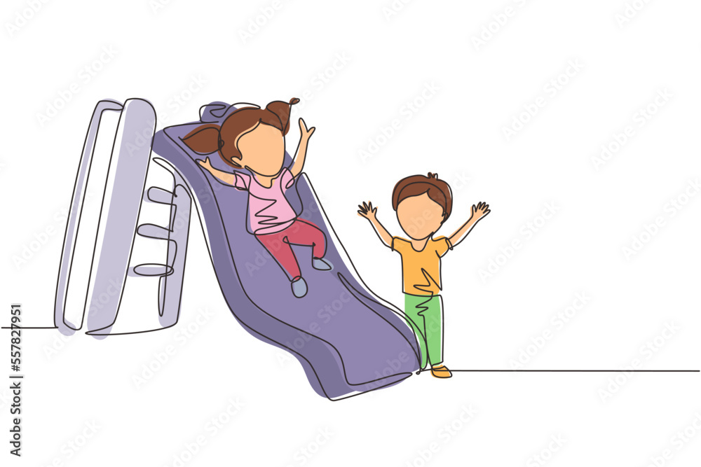 Single one line drawing preschool kids playing together in kindergarten ...