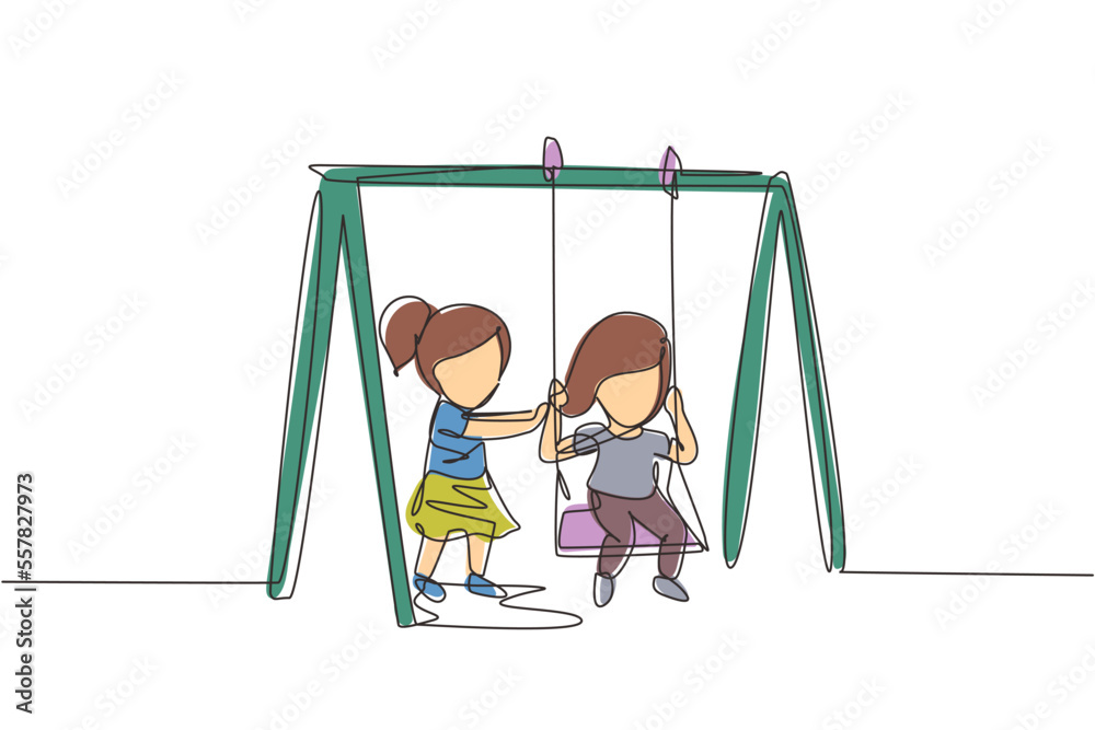 Single one line drawing cute little girl swinging on swing and her ...