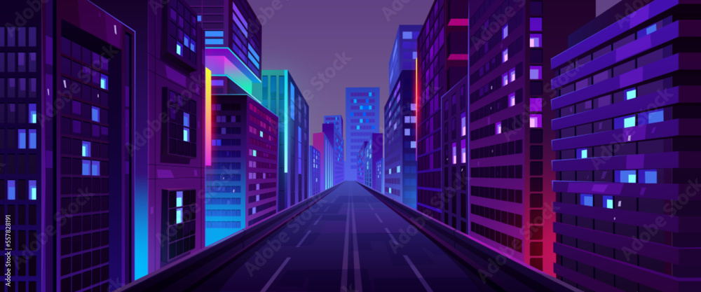 City street with houses and buildings with glowing windows at night ...