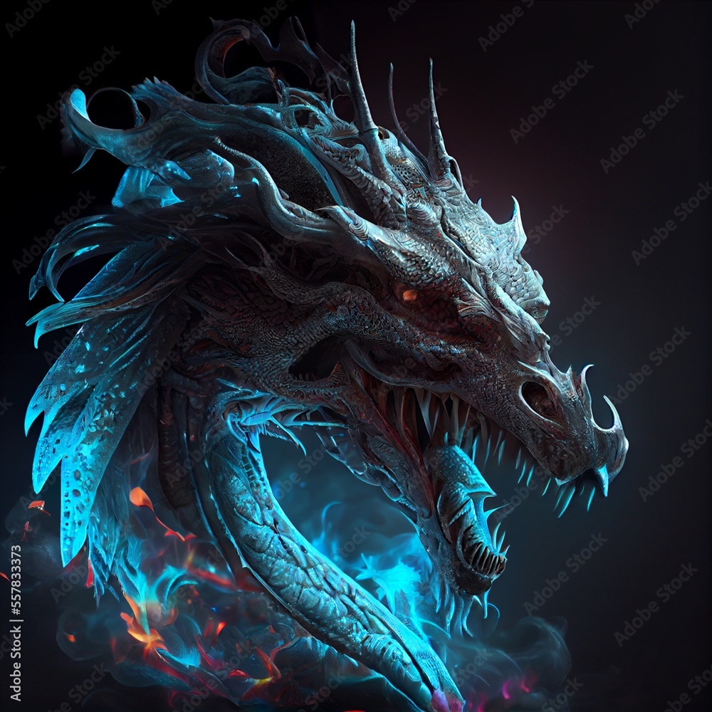 a blue dragon with red eyes on a black background. Stock Illustration ...