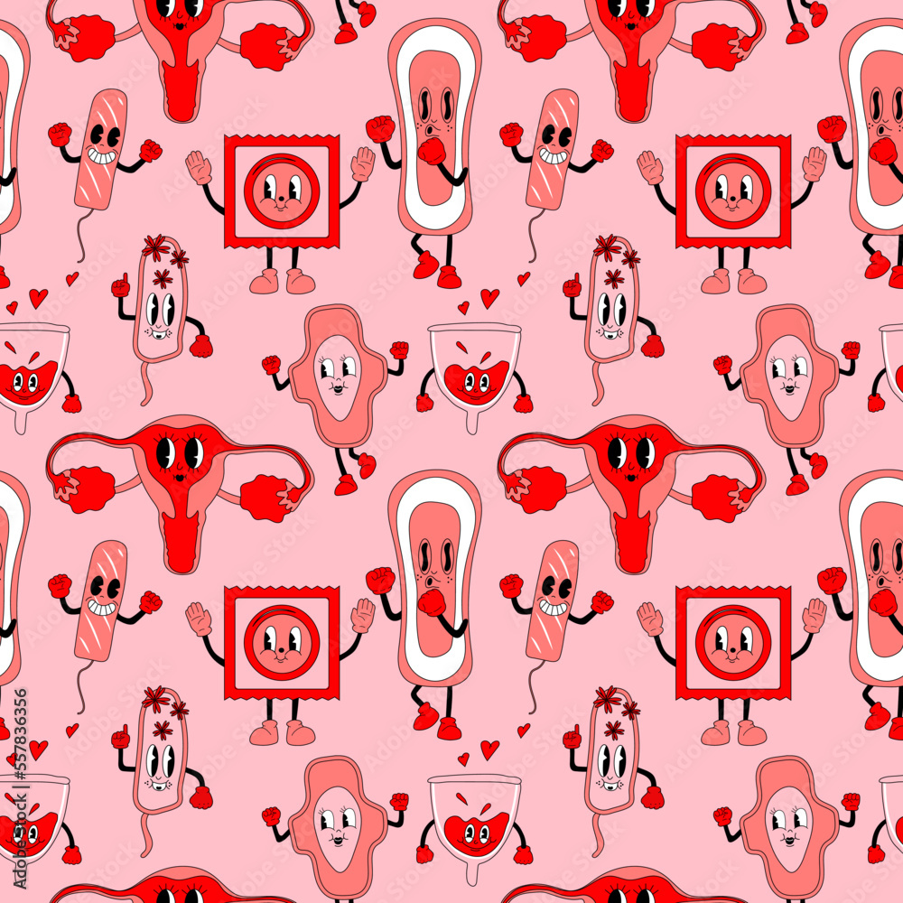 Seamless Pattern With Set Of Cute Retro Mascot Girl Hygiene Producer