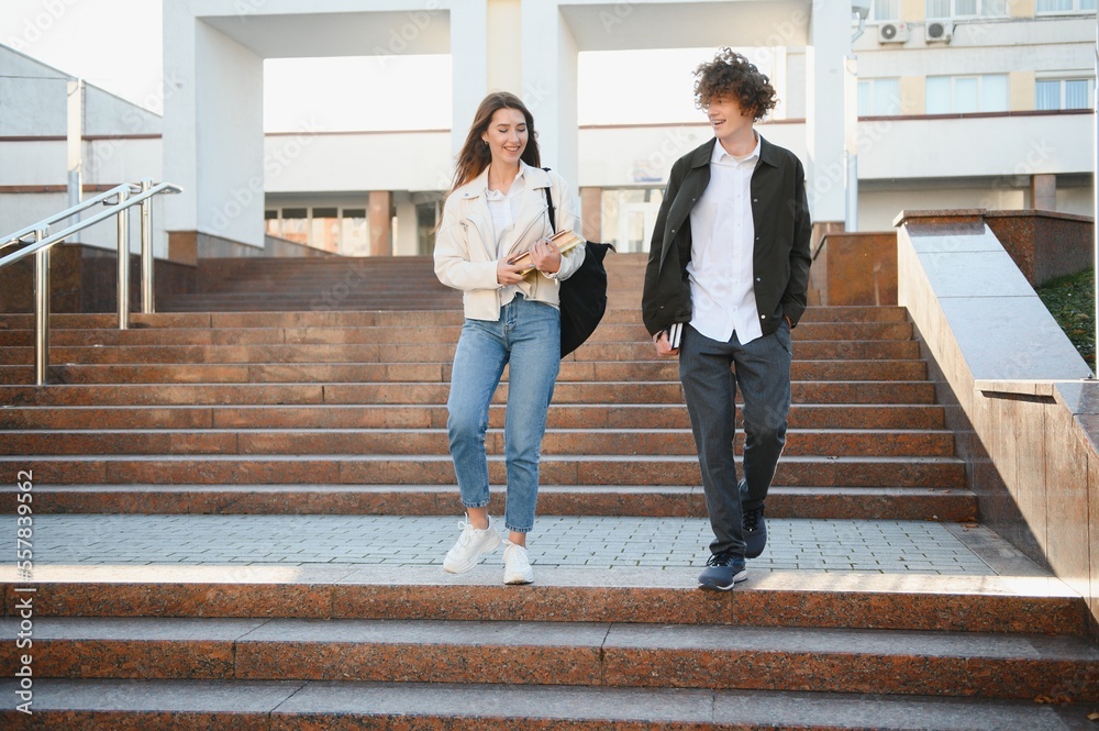 Front view of two students walking and talking in an university campus ...