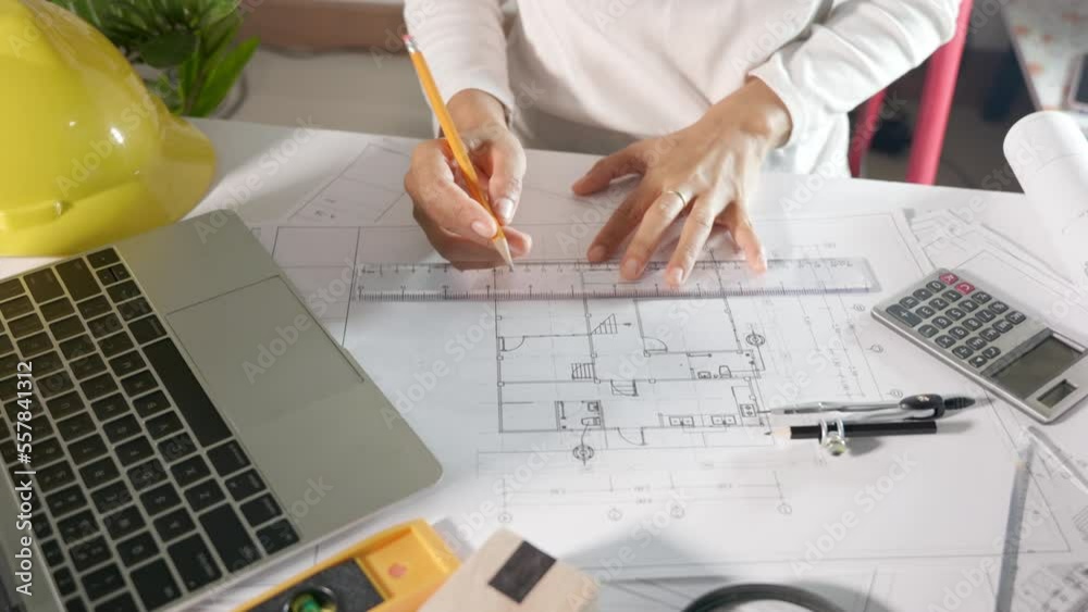 Architectural project workplace. Architect typing laptop keyboard to ...