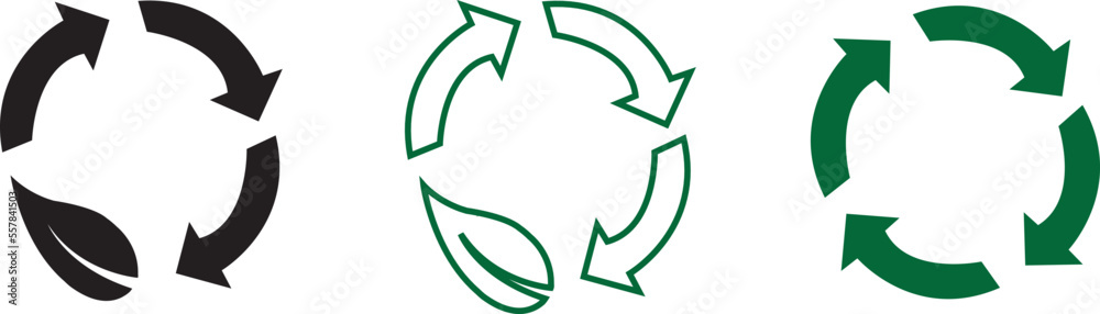 Biodegradable recyclable icons, leaf and arrow vector eco and bio label. Organic recyclable ...