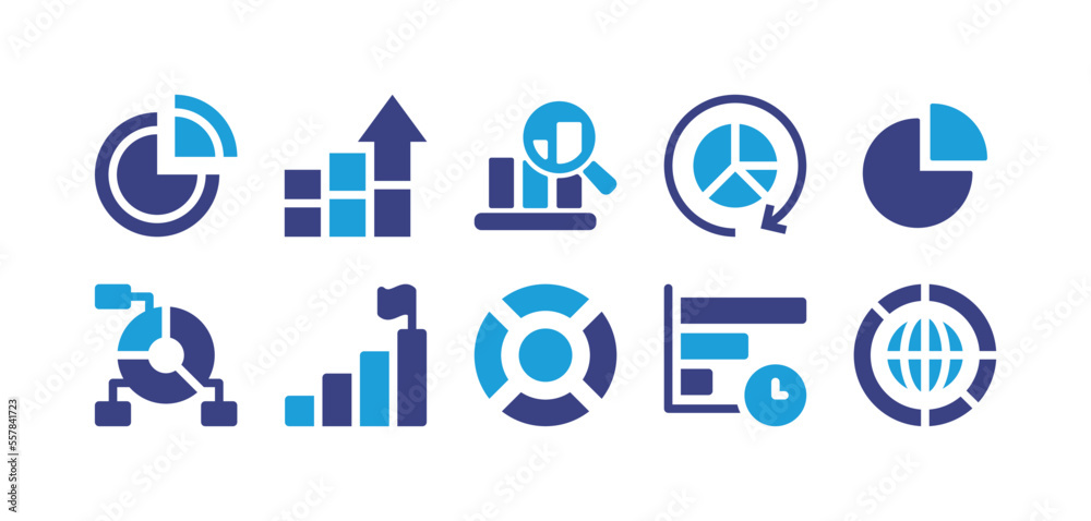 Charts and diagrams icon set. Duotone color. Vector illustration. Containing pie chart, bar ...