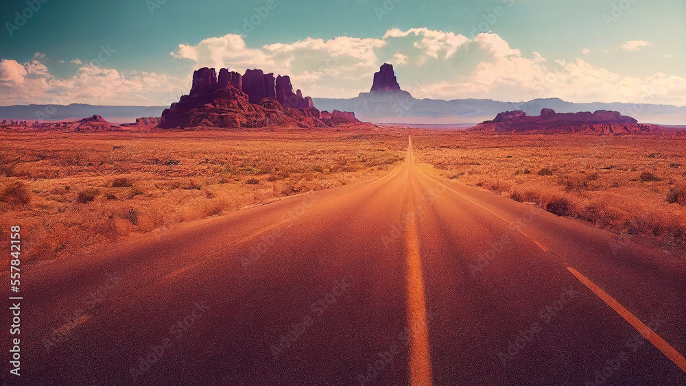 Route 66 scenic panorama view of red mountain range (Generative AI ...