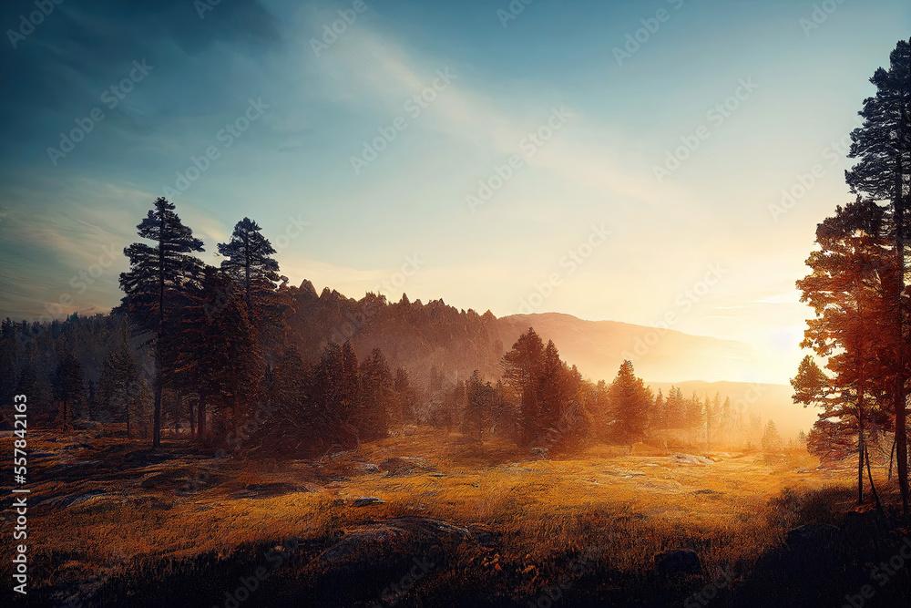 Beautiful sunset in forest landscape (Generative AI) Stock Illustration ...