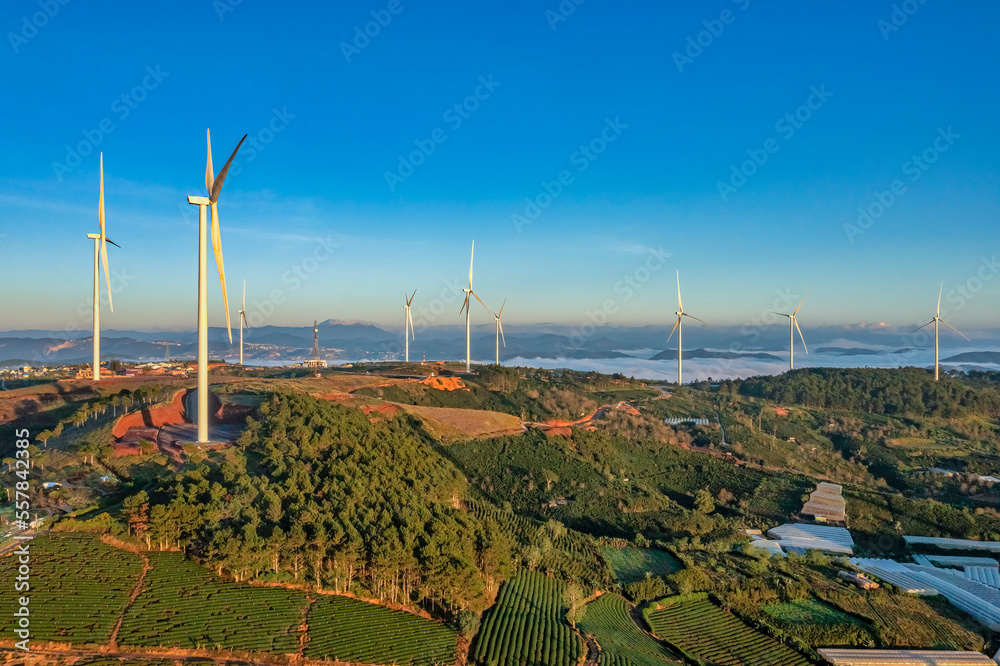 PANORAMIC VIEW OF WIND FARM OR WIND PARK, WITH HIGH WIND TURBINES FOR ...
