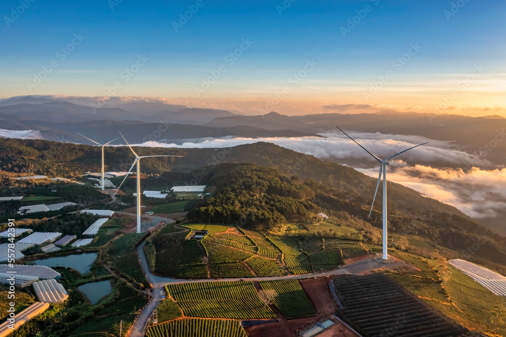 PANORAMIC VIEW OF WIND FARM OR WIND PARK, WITH HIGH WIND TURBINES FOR ...