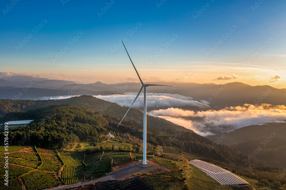 PANORAMIC VIEW OF WIND FARM OR WIND PARK, WITH HIGH WIND TURBINES FOR ...
