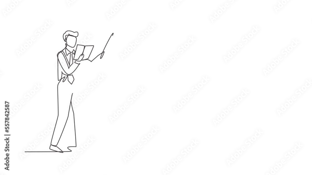 Self drawing animation of single line draw man teacher standing with ...