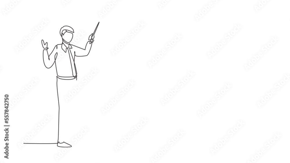 Self drawing animation of single line draw standing businessman teacher ...