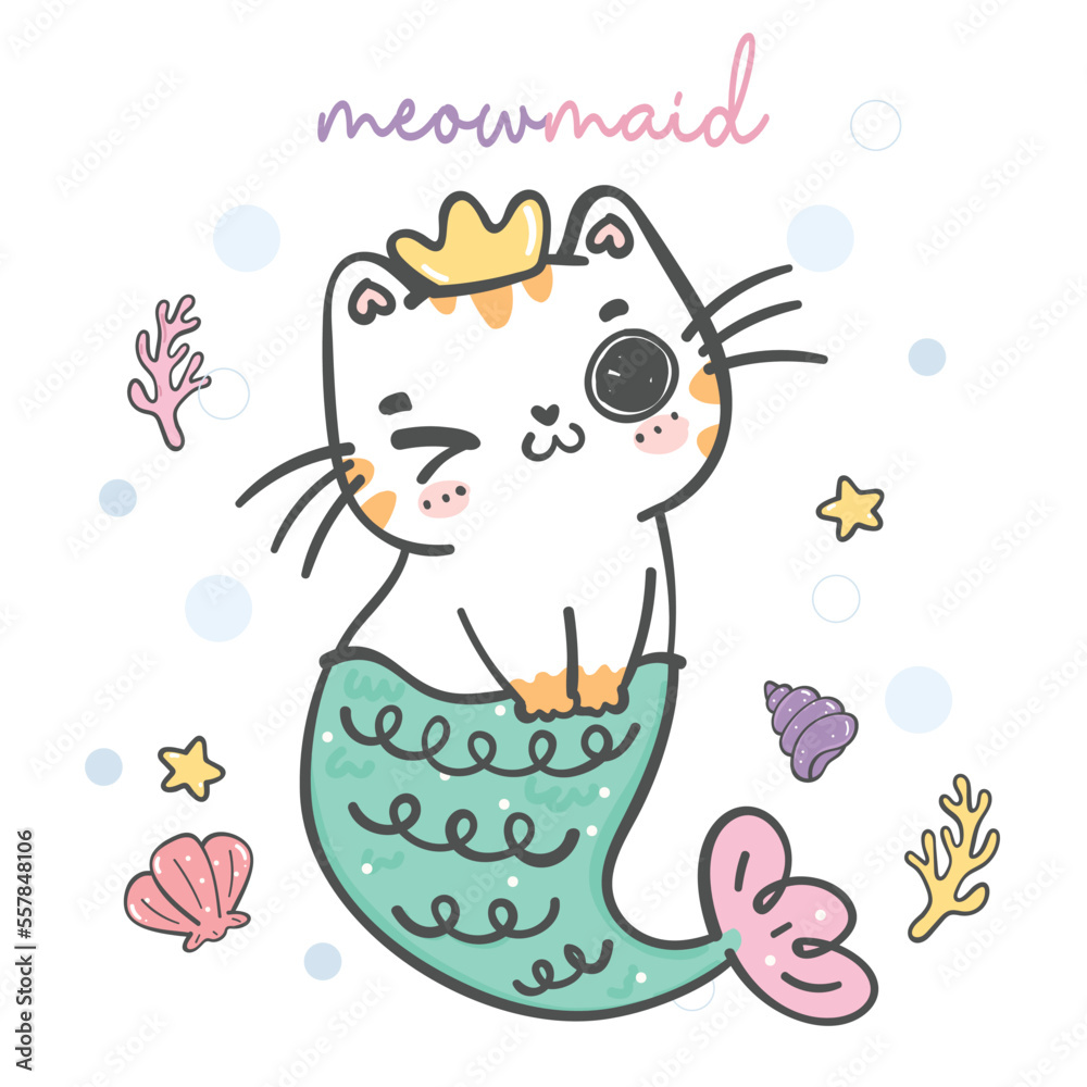 adorable mermaid cat cartoon doodle, animal hand drawing vector, little ...
