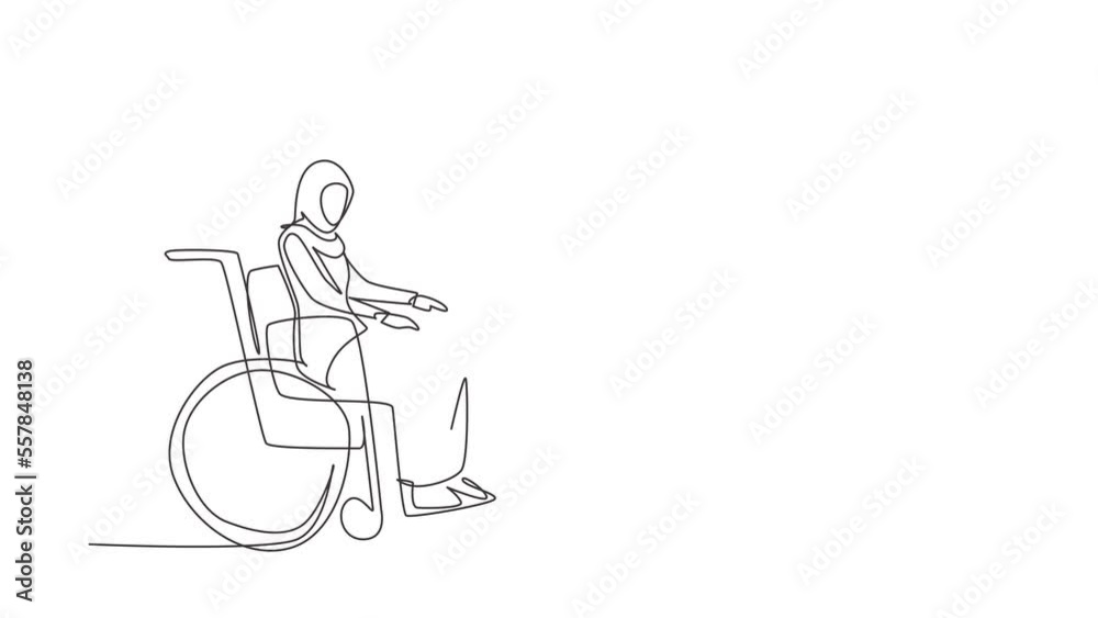 Self drawing animation of single line draw female sit wheelchair ...