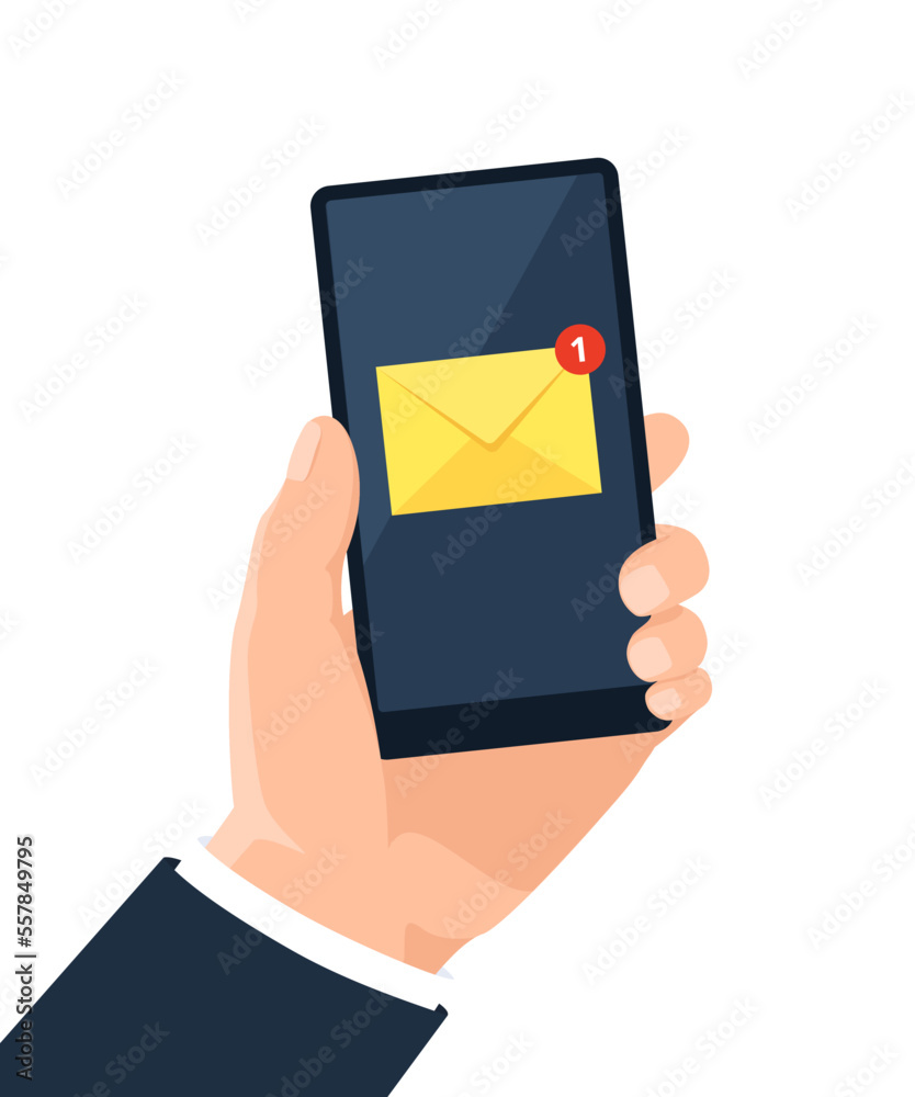 Email on smartphone, notification with envelope on screen. Vector of ...