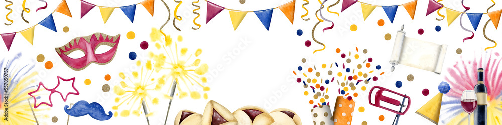 Watercolor Purim horizontal banner template with copy space for text ...