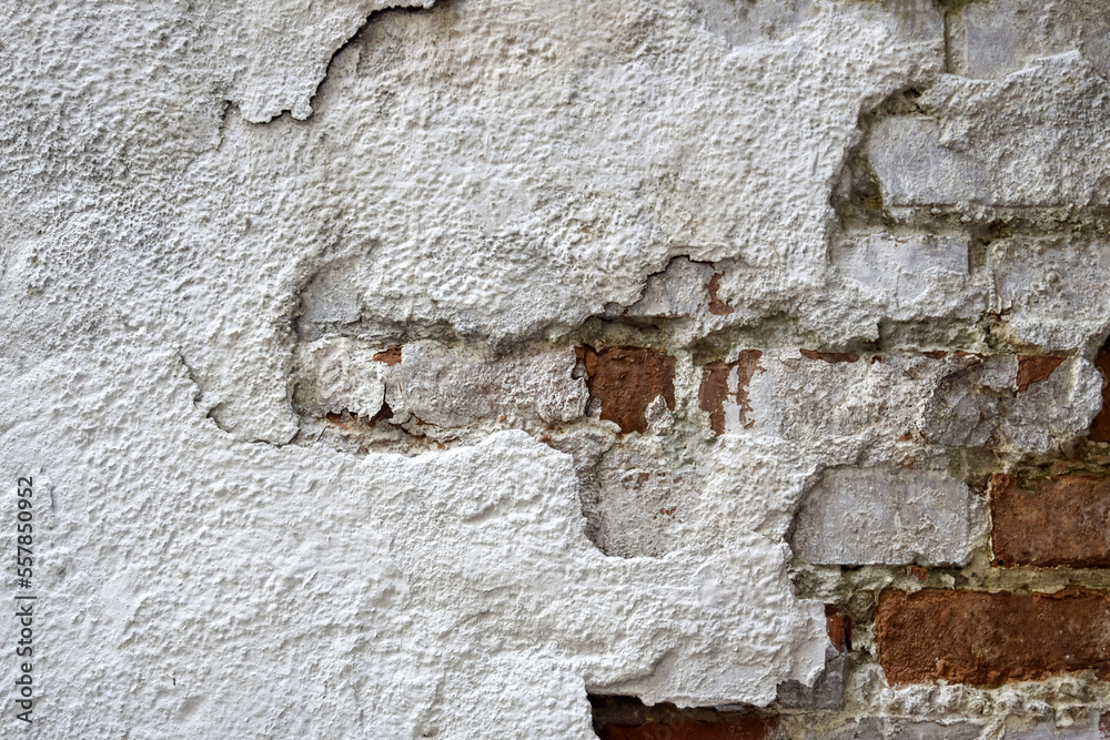 Texture of old brick wall with collapsed plaster. Background of shabby ...