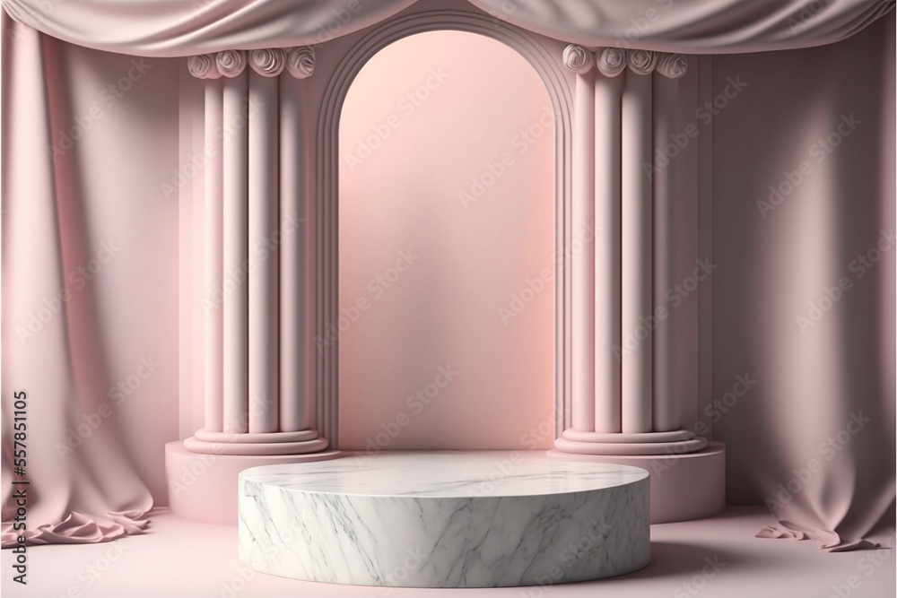 white marble round pedestal display podium, pink pillars curtain ...
