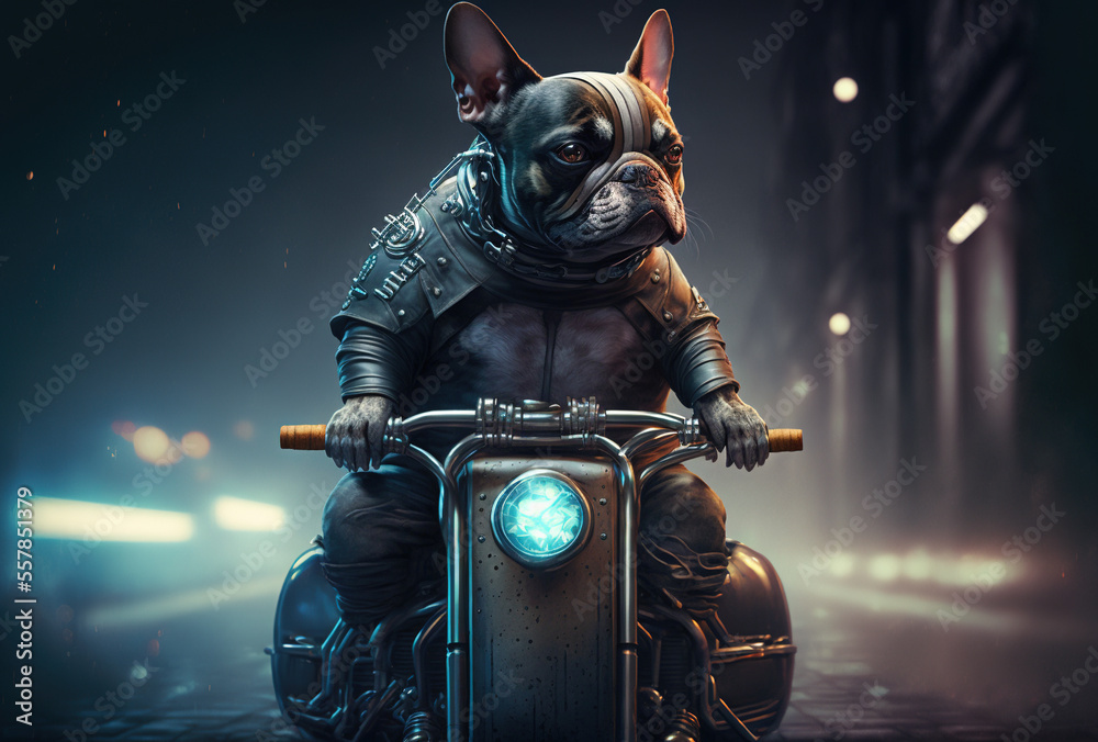 French bulldog driving a futuristic motorbike with cinematic mood ...