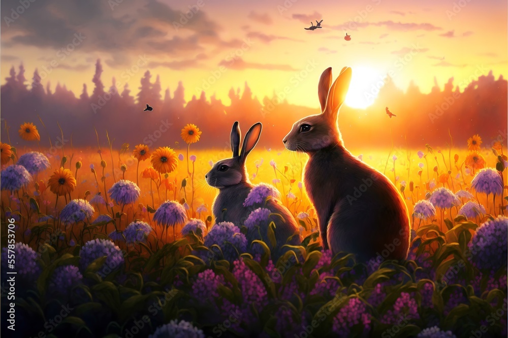 scene of rabbits frolicking in a colourful field of flowers, with the ...