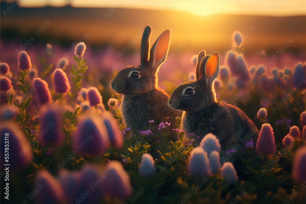 scene of rabbits frolicking in a colourful field of flowers, with the ...
