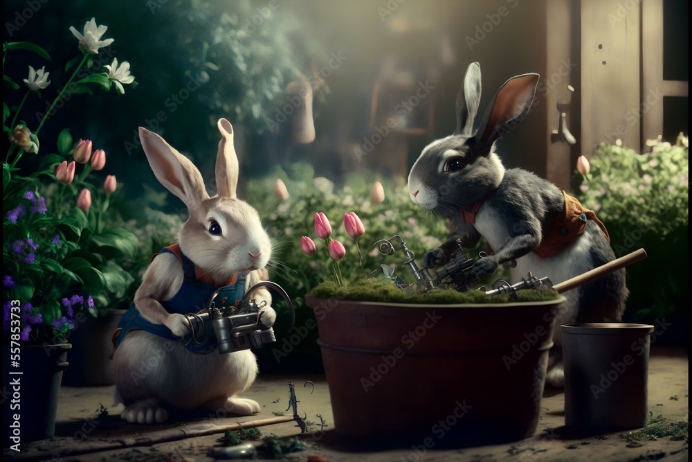 depiction of rabbits engaging in gardening, illustrating the idea that ...