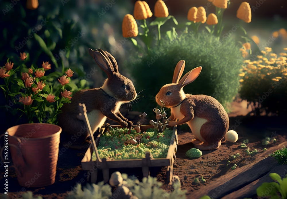 depiction of rabbits engaging in gardening, illustrating the idea that ...
