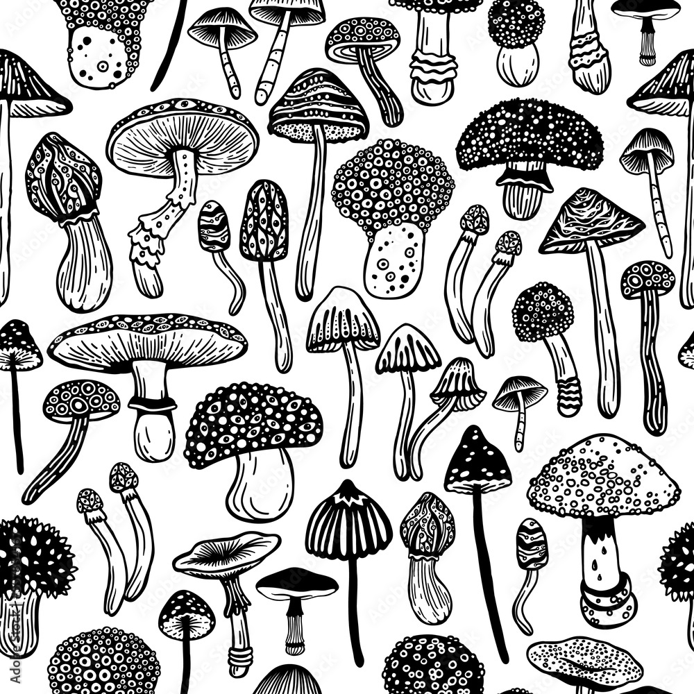 Seamless vector pattern of hallucinogenic mushrooms. Fantasy hand drawn ...
