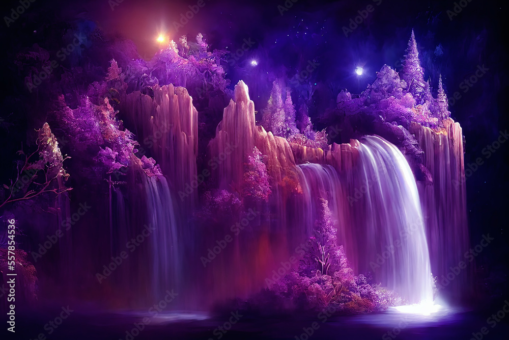 Beautiful mystical landscape with a crystal waterfall and a beautiful ...