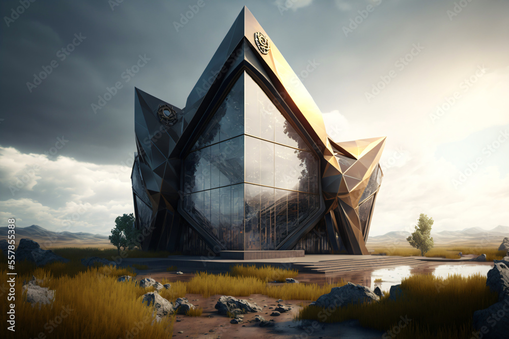 modern organic architecture, futuristic concrete building with blue sky ...