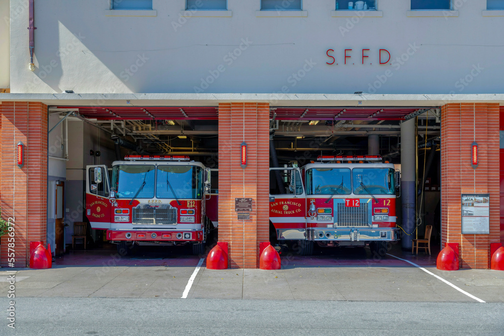 SAN FRANCISCO, CALIFORNIA - CIRCA OCTOBER, 2021: Emergency fire trucks ...