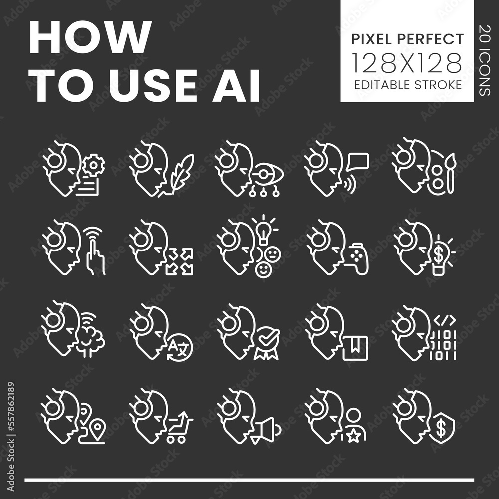 How to use AI big pixel perfect white linear icons set for dark theme ...