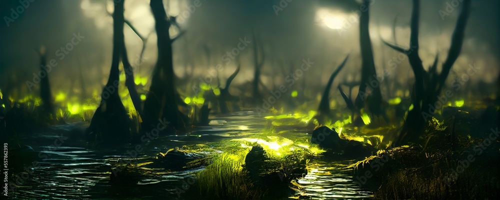 Polluted swamp landscape with trees. Stock Illustration | Adobe Stock