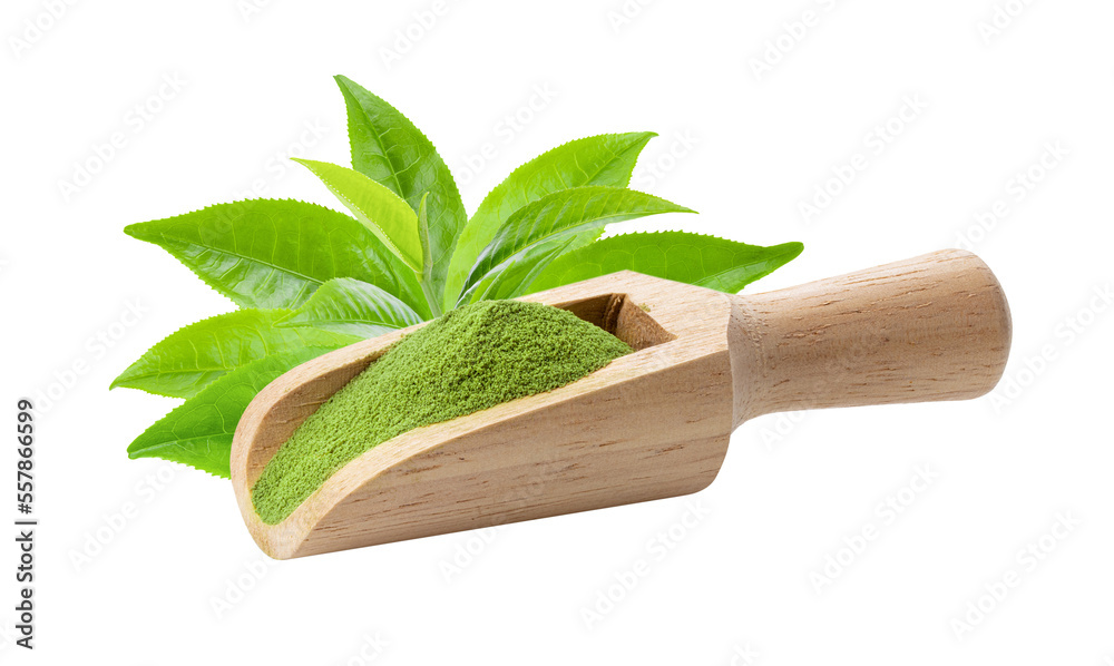 matcha green tea powder in wood scoop and leaf on transparent png Stock ...