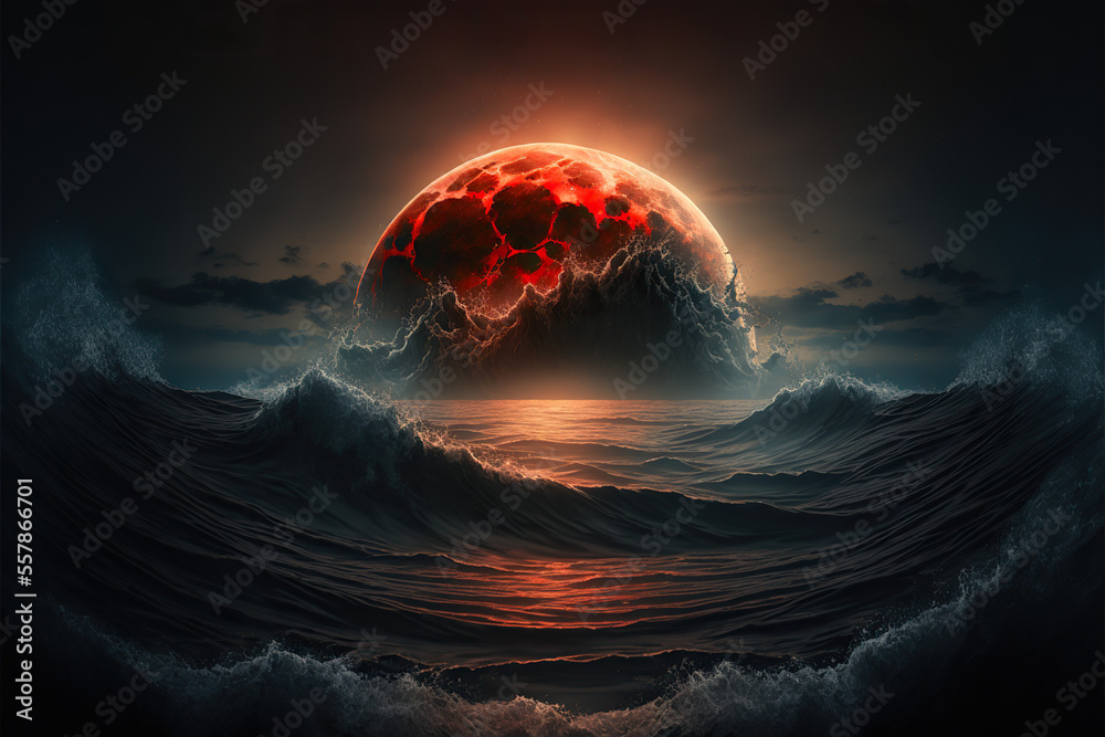 ocean with blood full moon in the night sky illustration generative ai ...